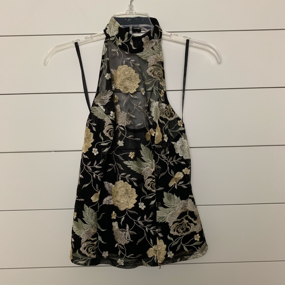 Cache Black Sheer Floral Embroidered Halter Top - Gem